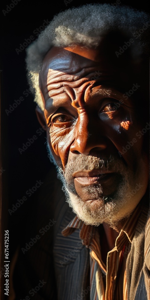 Vertical portrait of sad elderly African man. Theme of loneliness ...