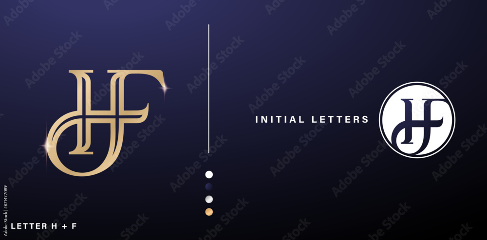 Initial Letter HF logo design golden color alphabet with line art style ...