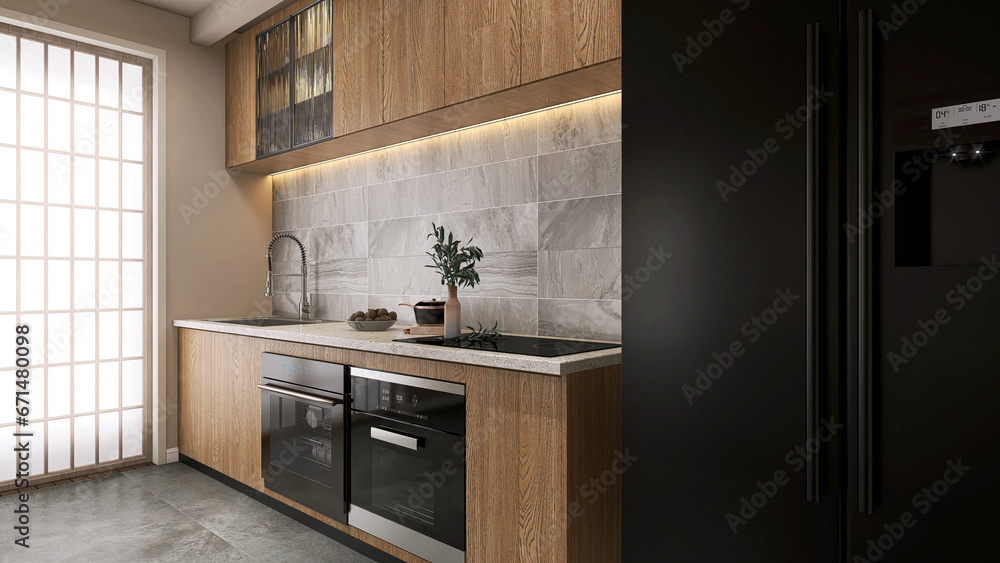 Wooden kitchen cabinet counter with oven, dish washer, gray marble tile ...
