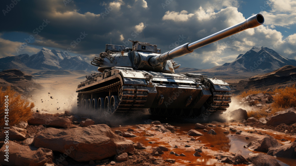 Tank as a defense mission. Explosion and destructions caused by war ...