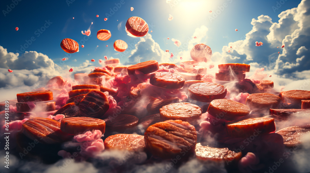 Slices of bacon, ham, salami flying in the air. On black background ...