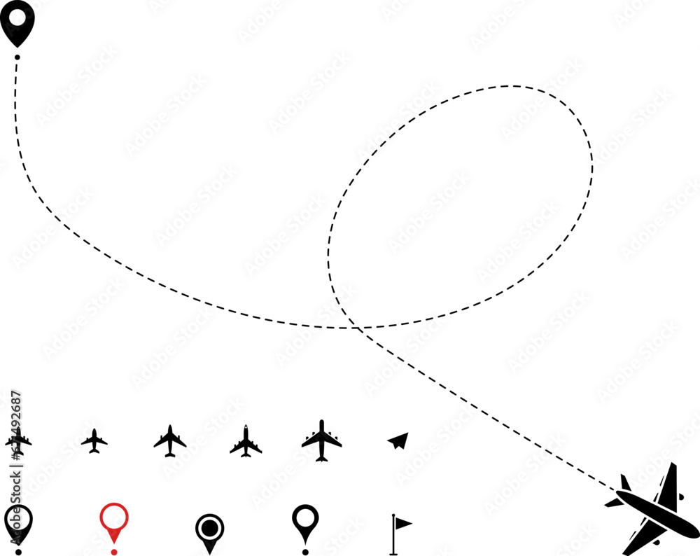 Airplane routes set. Aircraft planes tracking, travel, location pins ...