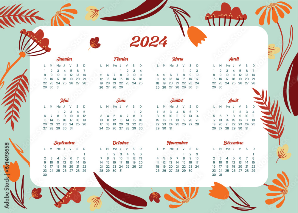 Calendrier 2024 tableau de l'année avec tous les mois fleur abstraites ...