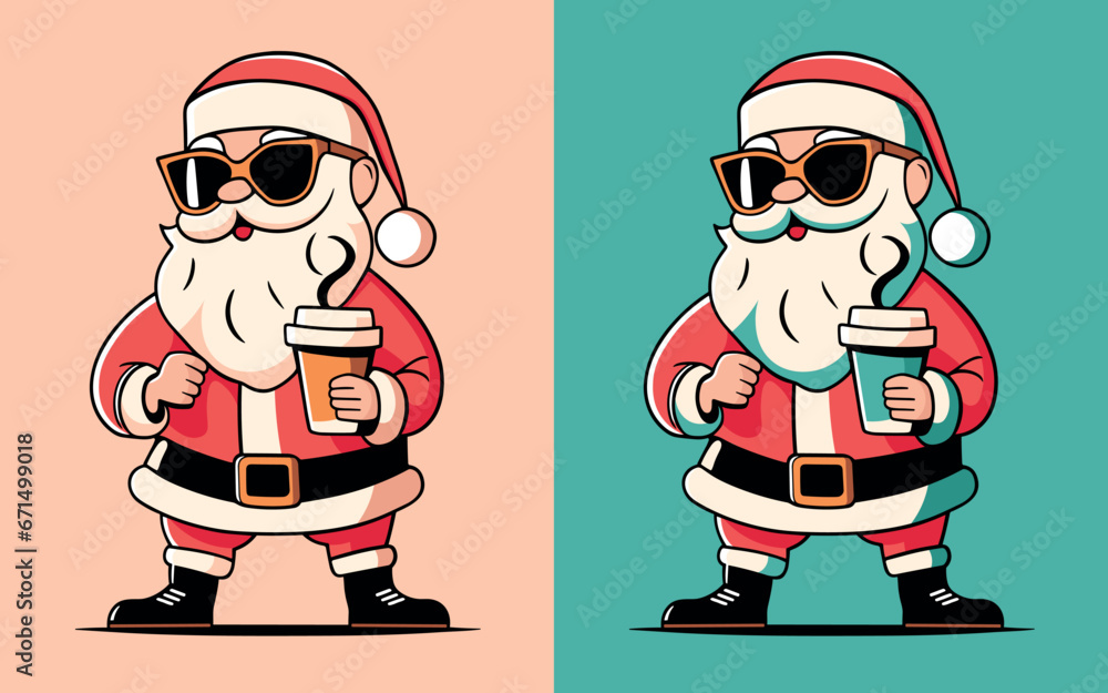 Santa holding takeaway coffee cup illustration. Cute and funny Santa ...