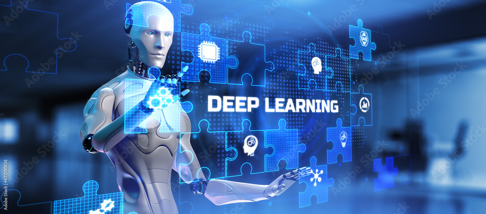 Deep learning artificial intelligence neural network. Robot pressing button on screen 3d render ...