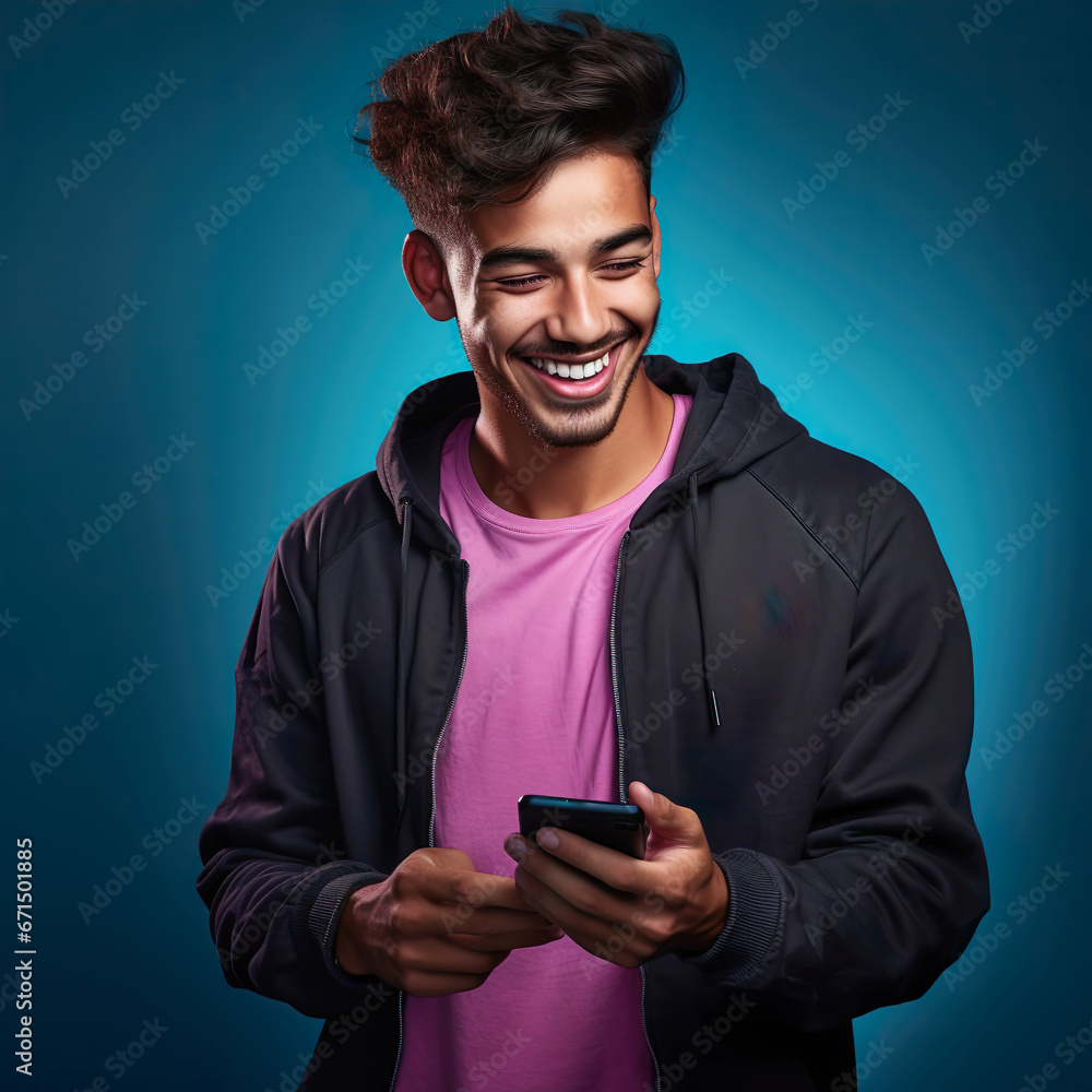 Portrait of a young Indian boy smiling with a smartphone in his hands ...