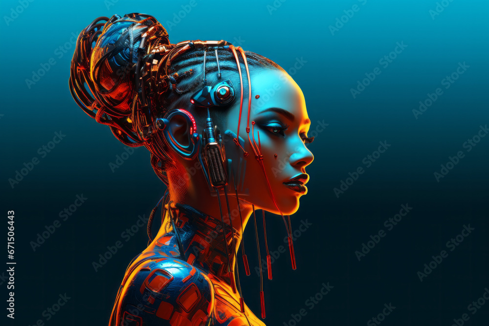 Young female woman robot face portrait side view in the style of modern ...