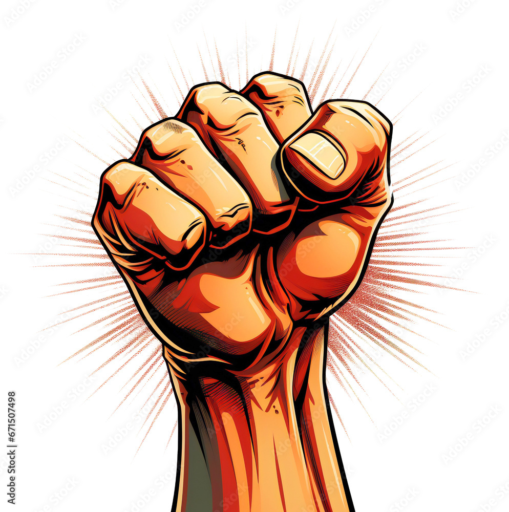 Clenched male fist raised up, comic style. Isolated on a transparent ...