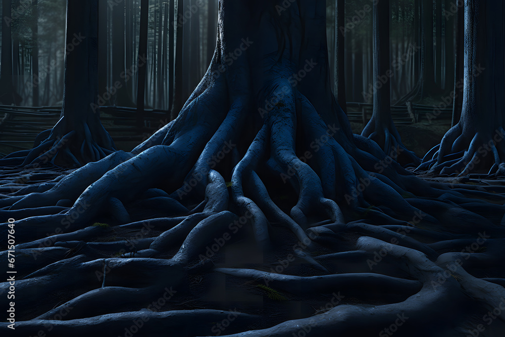 Spooky Halloween dead mysterious forest creepy trees with twisted roots ...