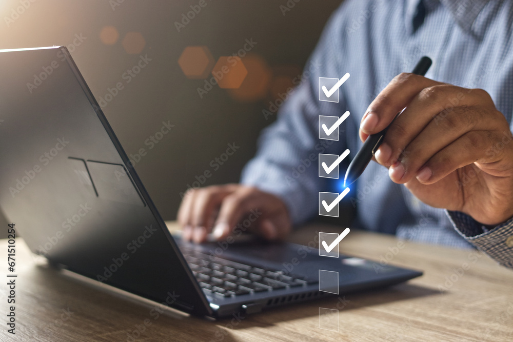 Businessman use digital pen to tick correct sign mark in checkbox for ...
