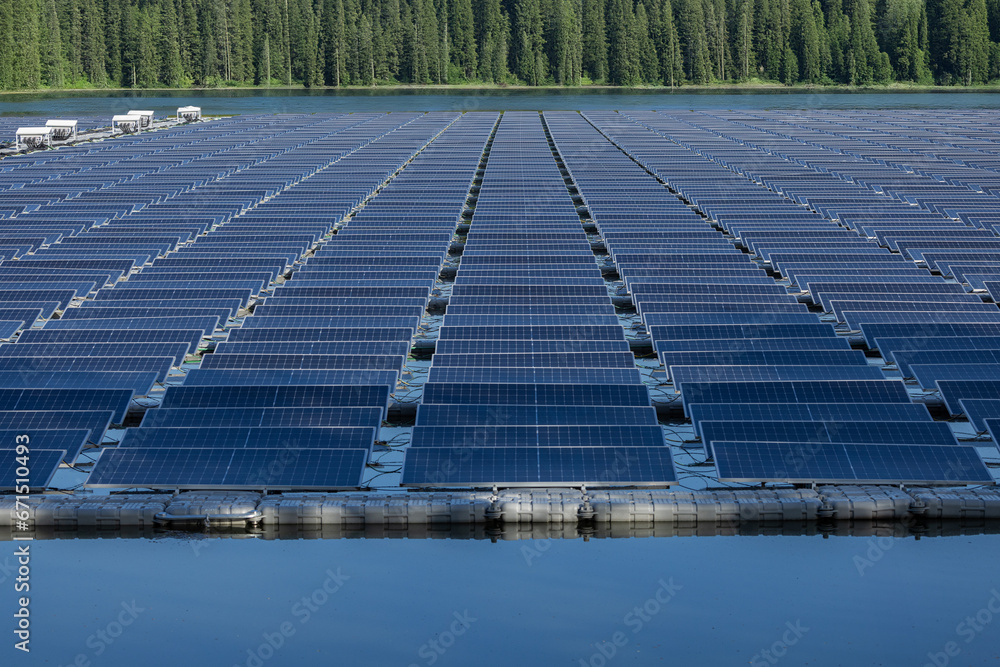 Solar power panels for green energy. Floating solar panels or solar cell Platform system on the ...