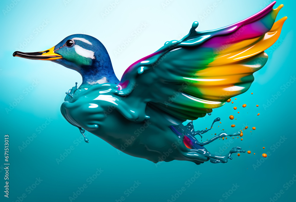 Fantasy digital art of Teal,duck with multicolored liquid splash in ...