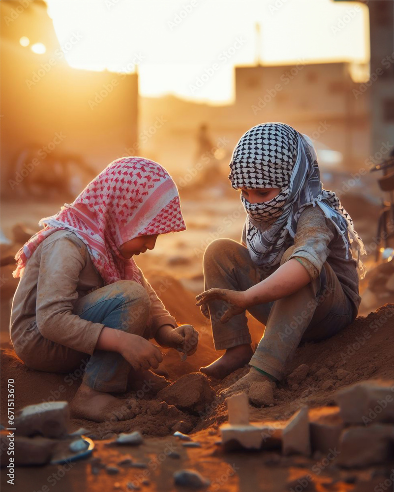 Children digging in war-torn Middle East Stock Photo | Adobe Stock