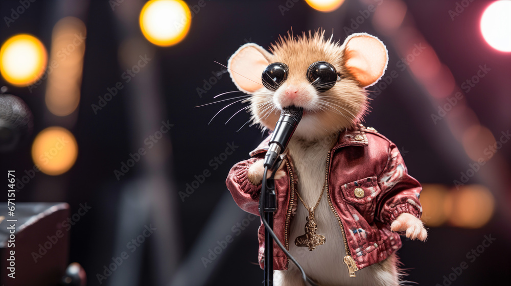 Cute little rat with microphone on bokeh background, studio shot. A ...