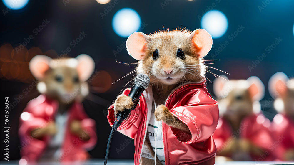 Cute little rat with microphone on bokeh background, studio shot. A ...