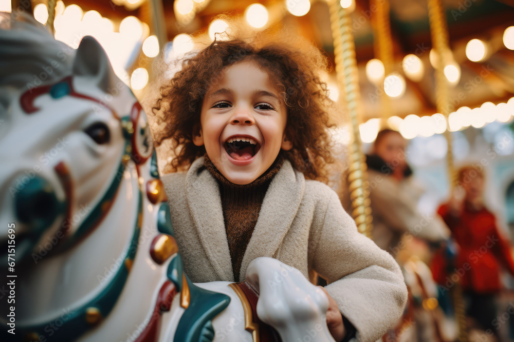 Christmas Market Carousel - Children joyfully riding a vintage carousel ...