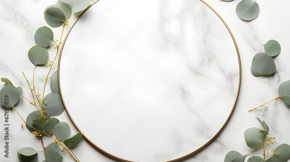 Golden Circle frame on White marble and eucalyptus leave ring around ...