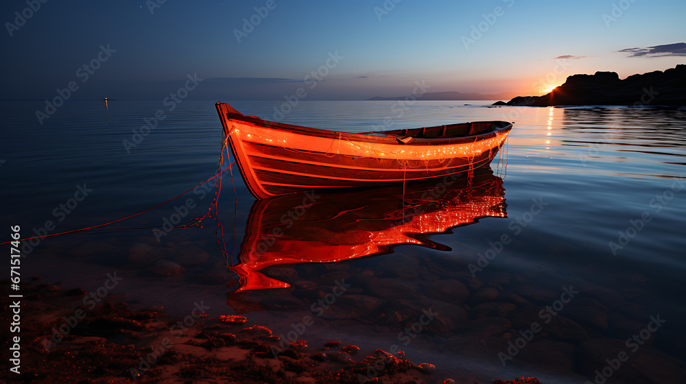 photograph of a beach, focal point is a red neon glowing boat, light ...