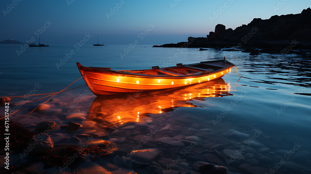 photograph of a beach, focal point is a red neon glowing boat, light ...