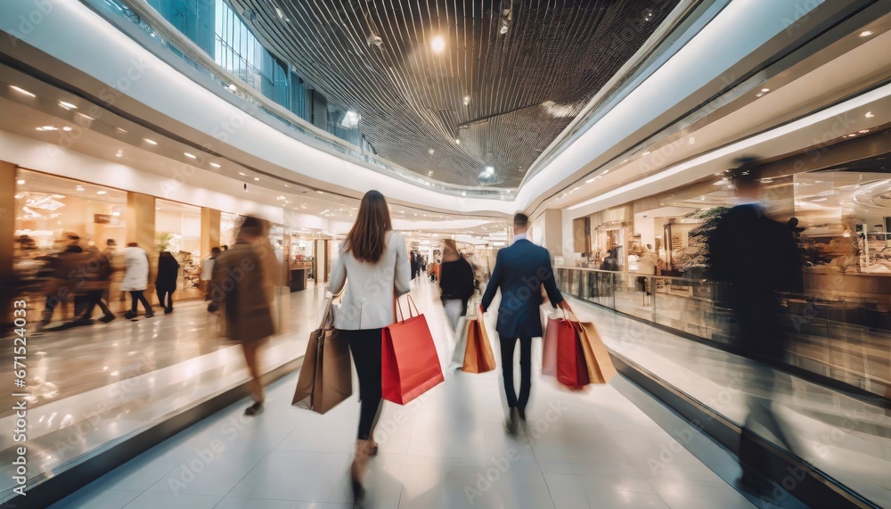 Blurred background of a modern shopping mall with some shoppers ...