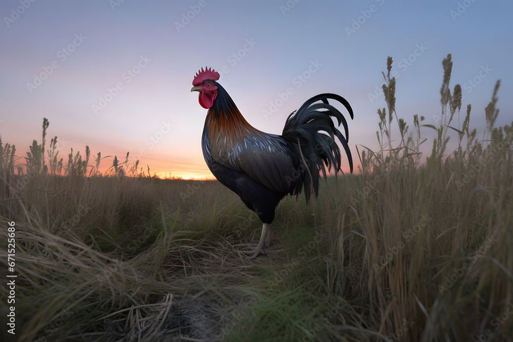 Beautiful Rooster standing on the grass in blurred nature green ...