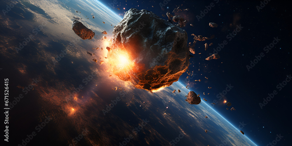 asteroid explosion in space with planet Earth Meteor glowing as it ...