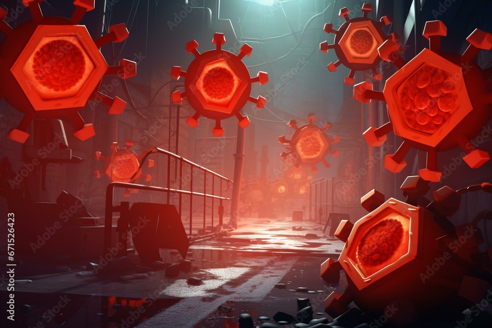 an illustration featuring a dangerous virus with caution signs and ...