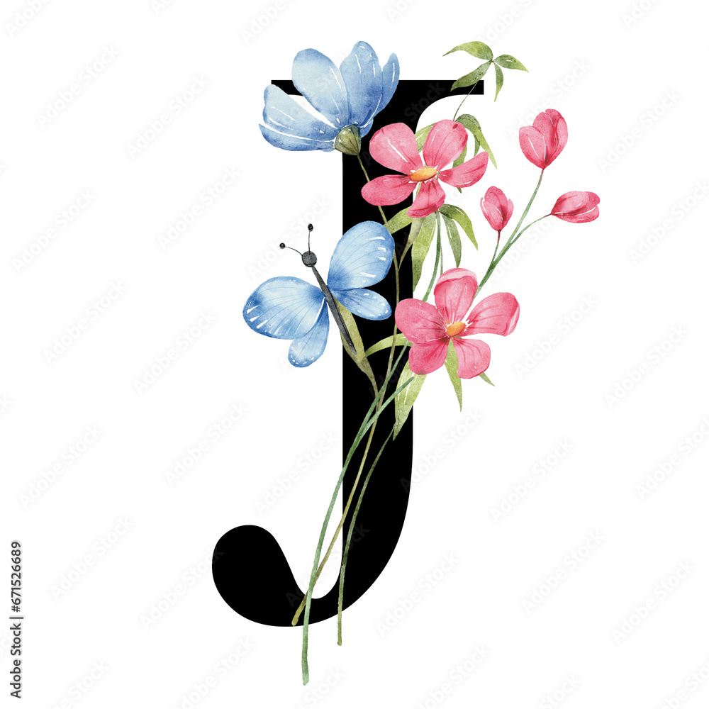 Letter J with watercolor flowers and leaf. Floral alphabet, wedding ...