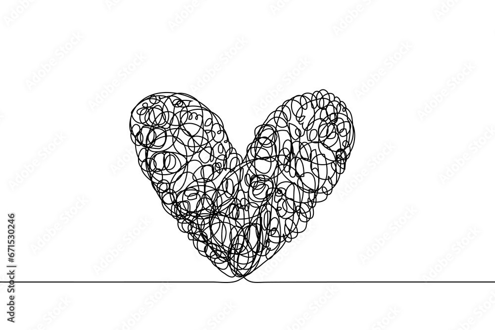 messy heart - one line art vector. concept confused heart, complex love ...