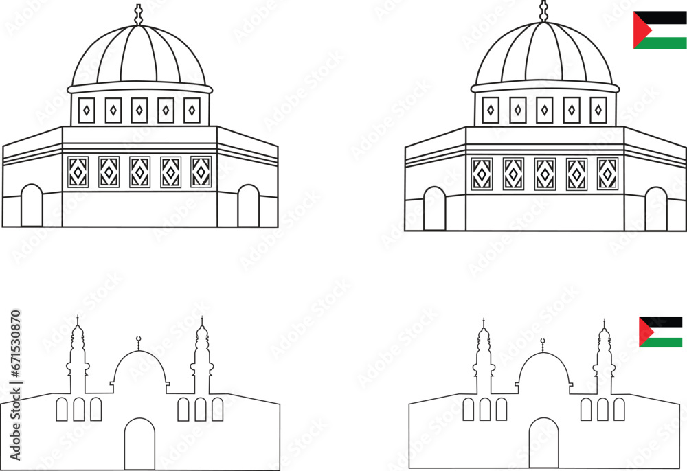 Set of Palestine al Aqsa mosque with Palestine flag line icons ...