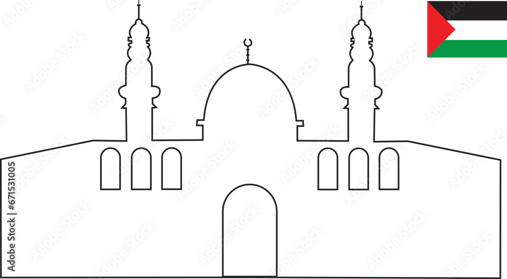 Palestine al Aqsa mosque with Palestine flag line icon, compound in the ...