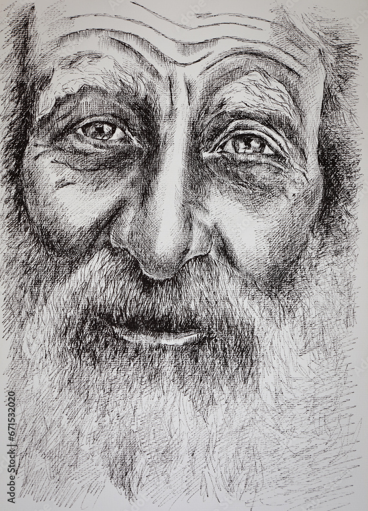 Old man with a mustache - illustration. Detailed drawing of an old sad ...