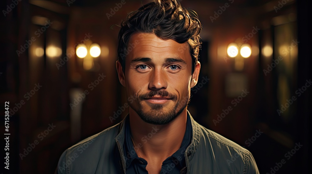 Portrait of a beautiful smiling man showing white teeth looking into ...