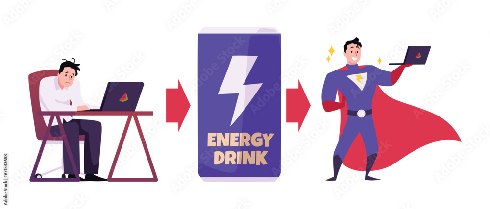 Vector illustration about energy drink, flat cartoon style, horizontal ...