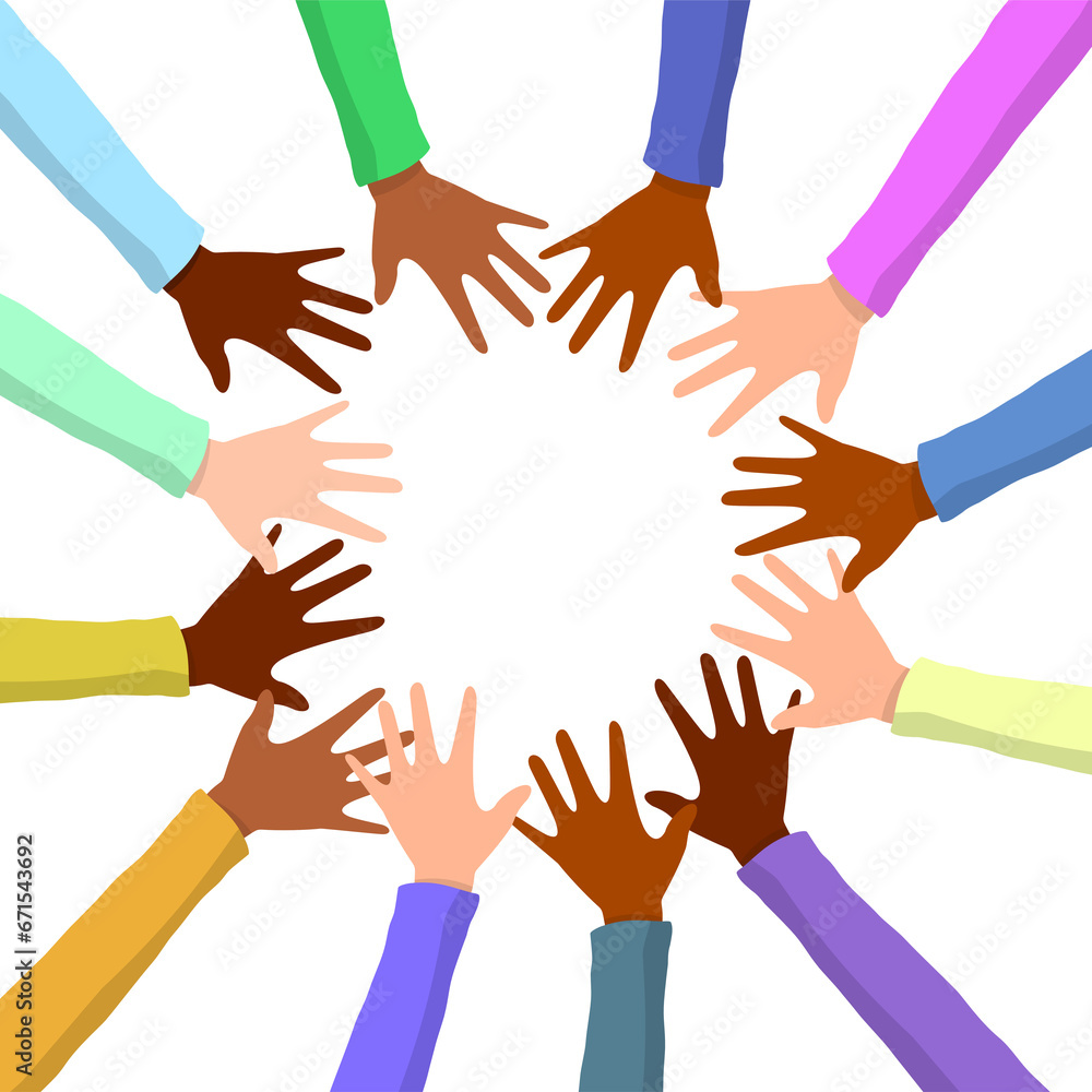 colorful hands reaching to a centerpoint. Illustration with different ...