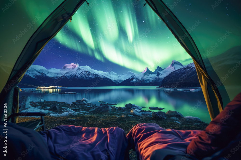 A tent pitched under the northern lights, as adventurers camp in the ...
