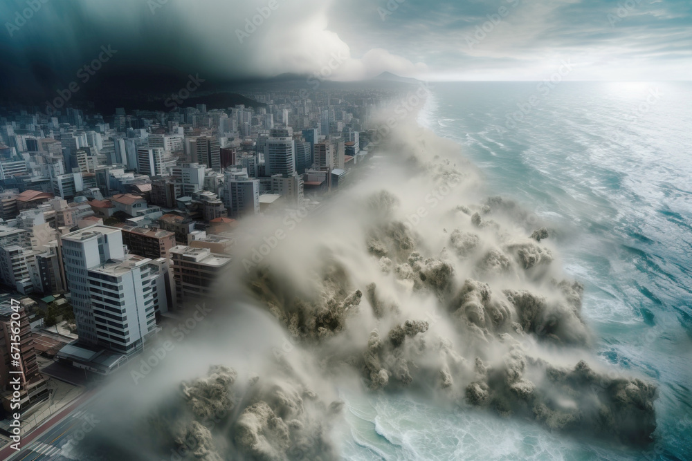 Destructive oceanic tsunami, high-rise buildings background. Natural ...