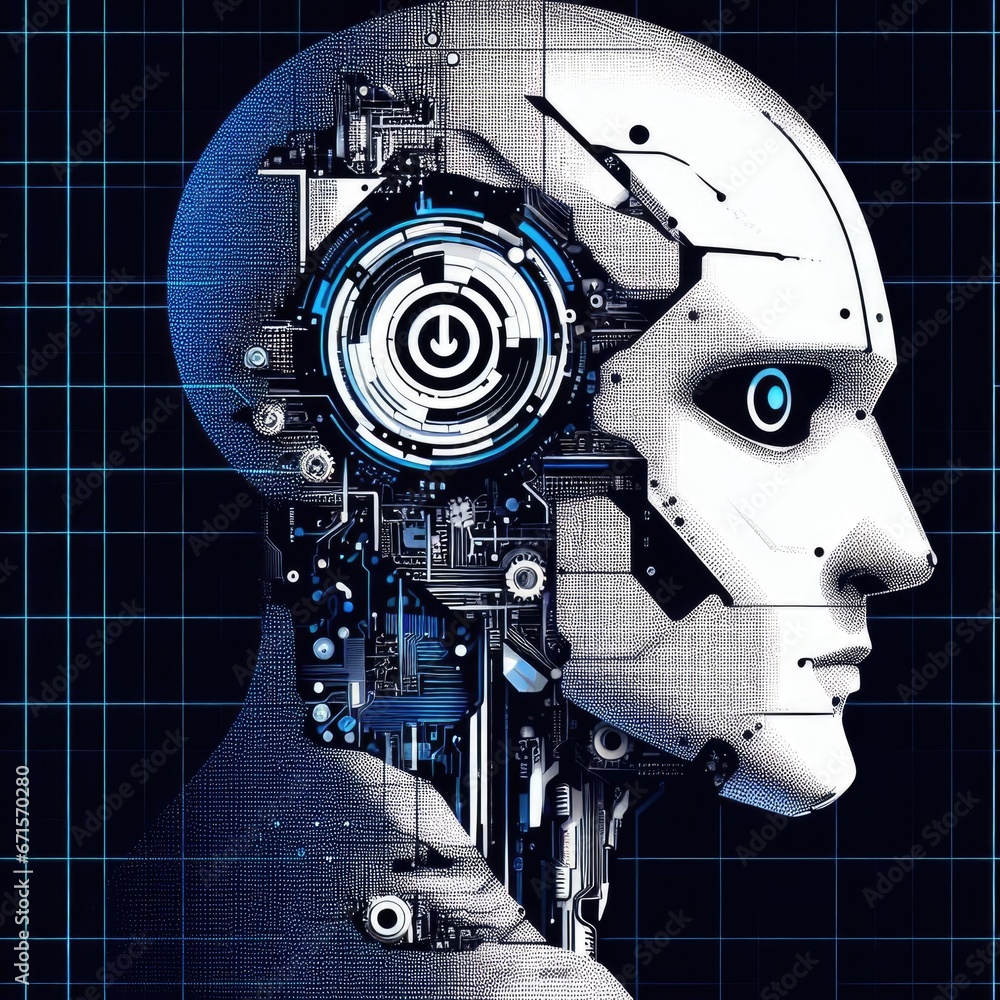 A digital image of a robot head in profile. The head is white and made ...