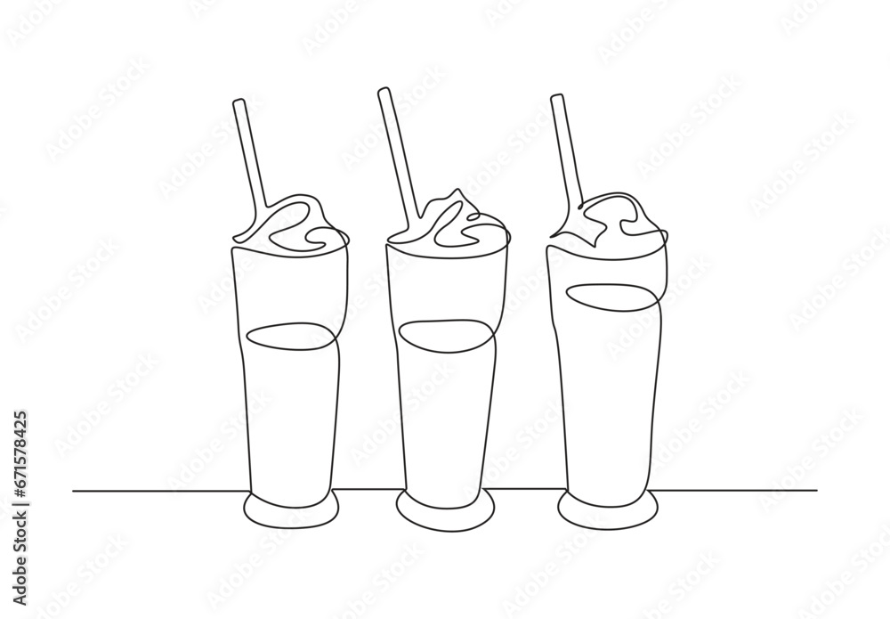 Continuous single line drawing of fresh milkshake with whipped cream ...