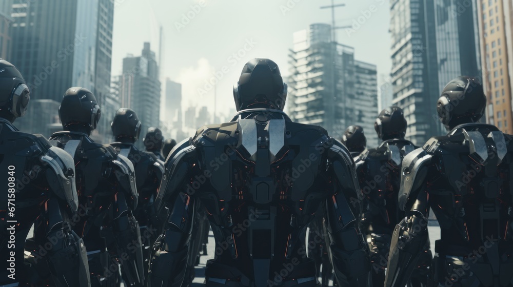 army of robots is approaching a big city. invasion of military robots ...