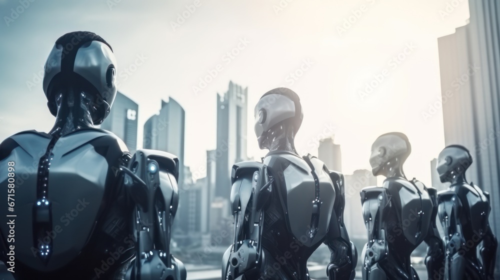 army of robots is approaching a big city. invasion of military robots ...