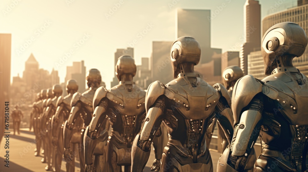 army of robots is approaching a big city. invasion of military robots ...