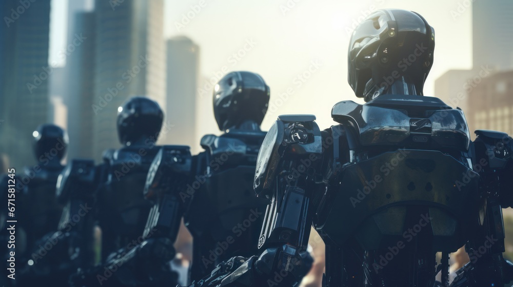 army of robots is approaching a big city. invasion of military robots ...