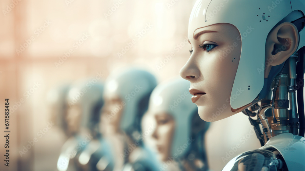 Female robot face closeup on white blurred digital background ...