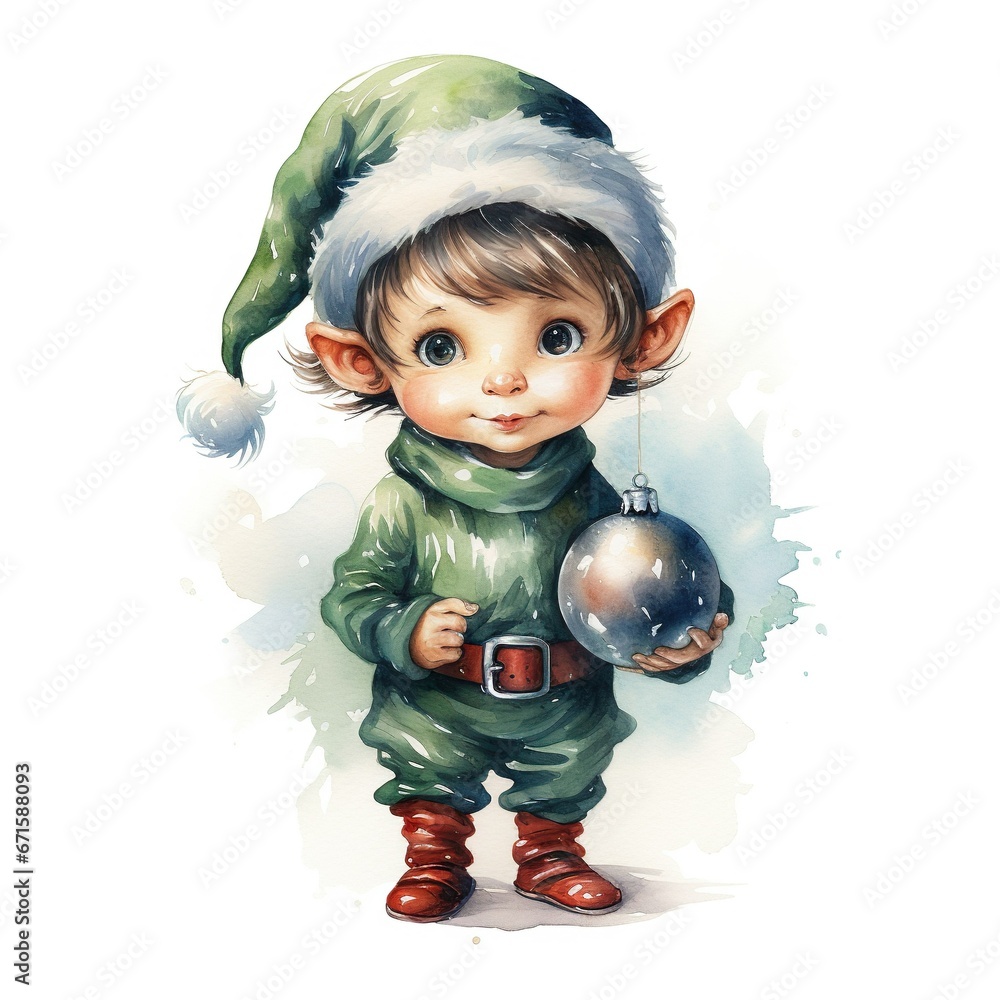 Watercolor cute little elves on white background. Christmas theme image ...