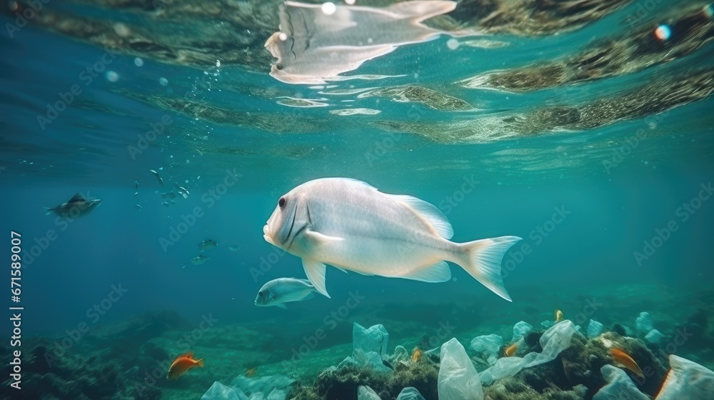 Fish and plastic pollution in sea. Microplastics contaminate seafood ...