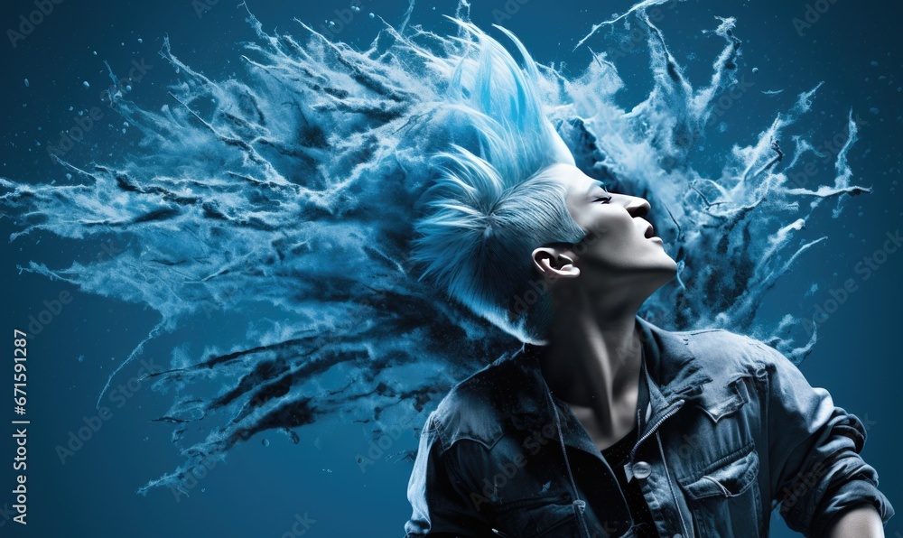 Young man with blue hair in a leather jacket and futuristic makeup ...