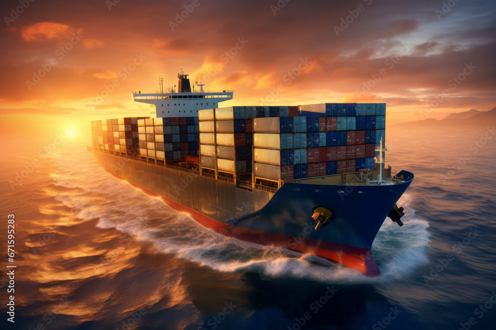 cargo container ship moves toward its destination on the sea at sunset ...