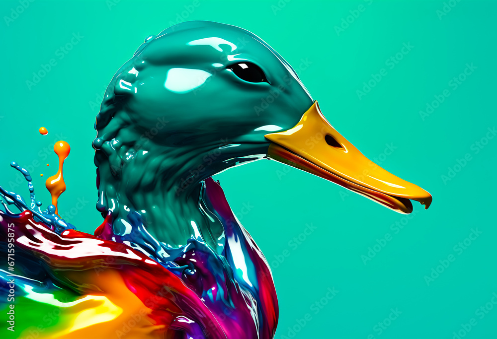 Fantasy digital art of Teal,duck with multicolored liquid splash in ...