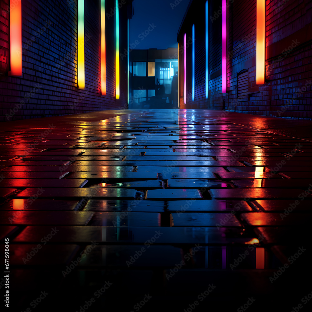 Rays of neon light on the neon brick wall. dark night city. empty scene ...